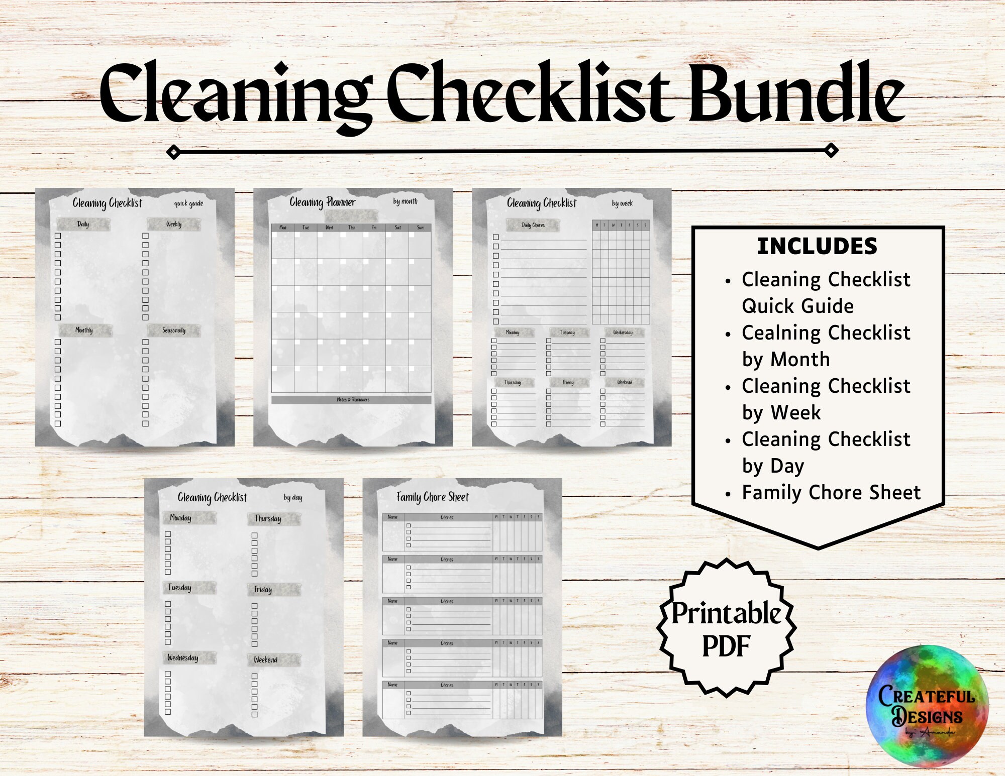 Simple Cleaning Checklist Bundle Digital File Grunge Theme Black and ...