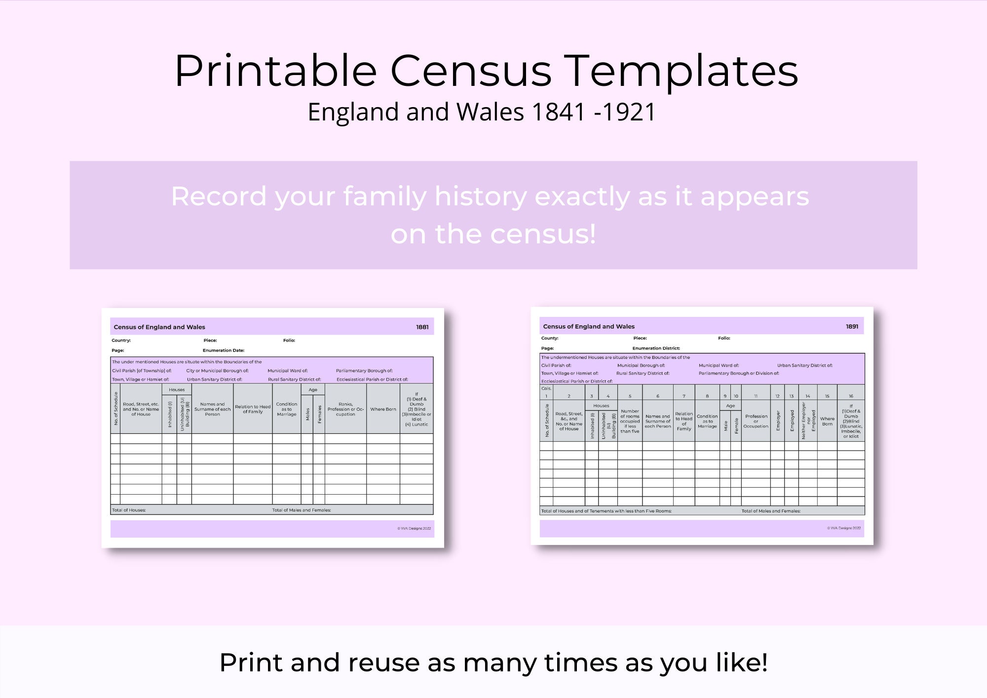 1841 1921 England and Wales Census Templates Printable Genealogy ...