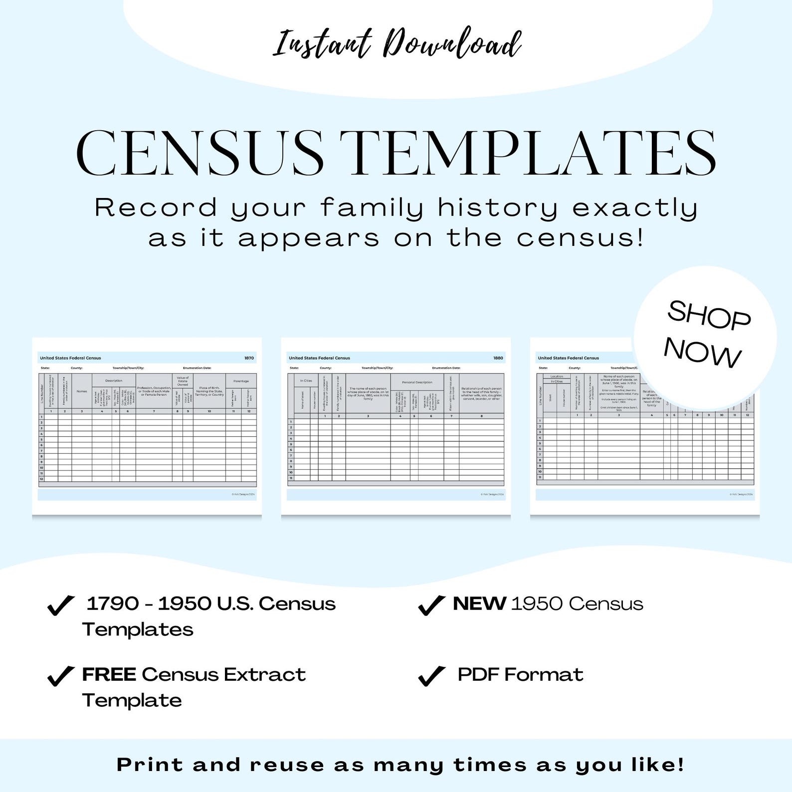 1790 - 1950 U.S. Federal Census Templates | Printable Genealogy Planner ...