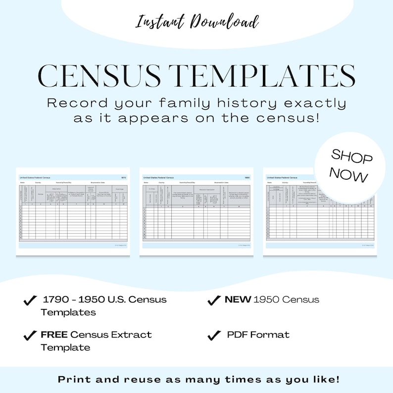 1790 - 1950 U.S. Federal Census Templates | Printable Genealogy Planner ...