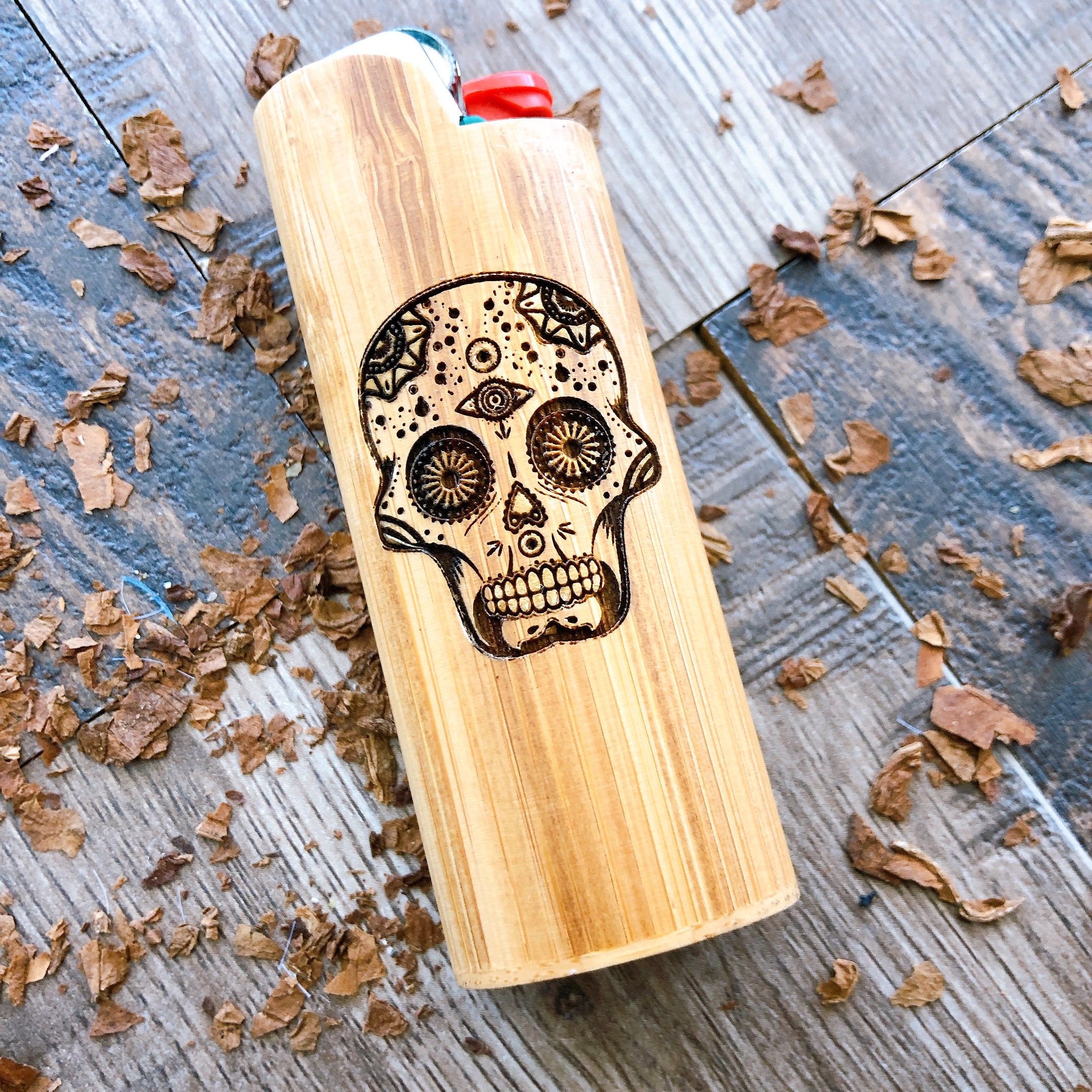 Engraved Skull Lighter Casecustom Personalized Bamboo Wooden - Etsy