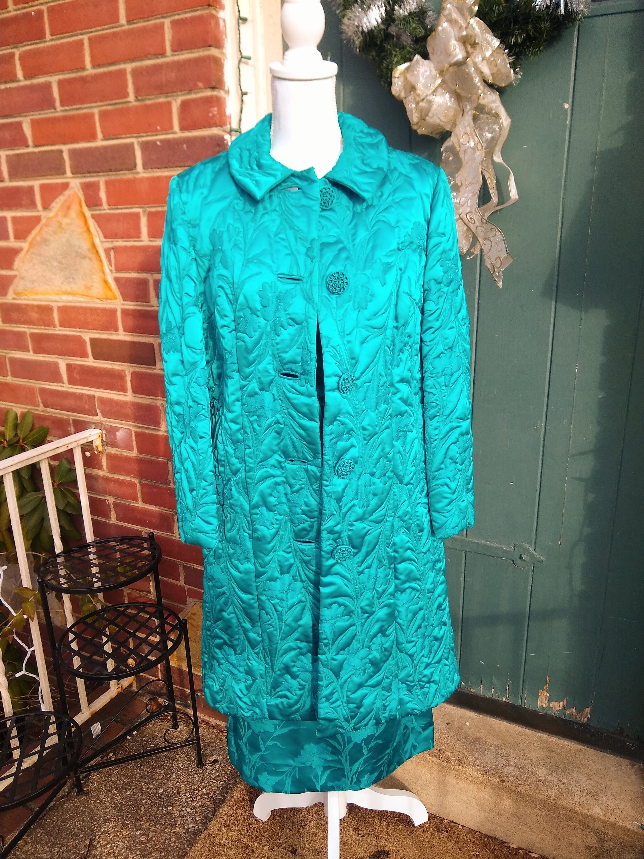 1960s Cerulean Silk Jacquard Dress and Quilted Overcoat - Etsy