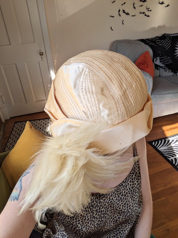 50s Cream Satin Quilted Cap with Feathers - Gem