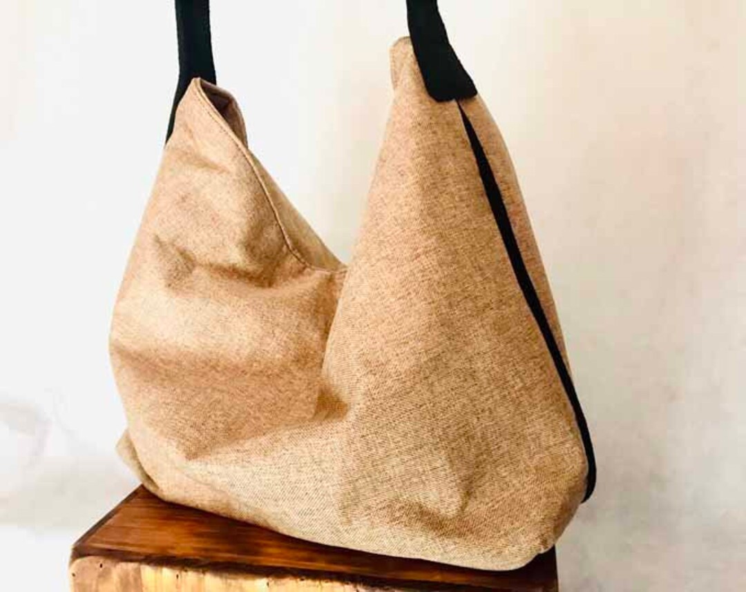 Beige and Black Fabric Bag, Large Fabric Bag for Women, Beige Fabric ...