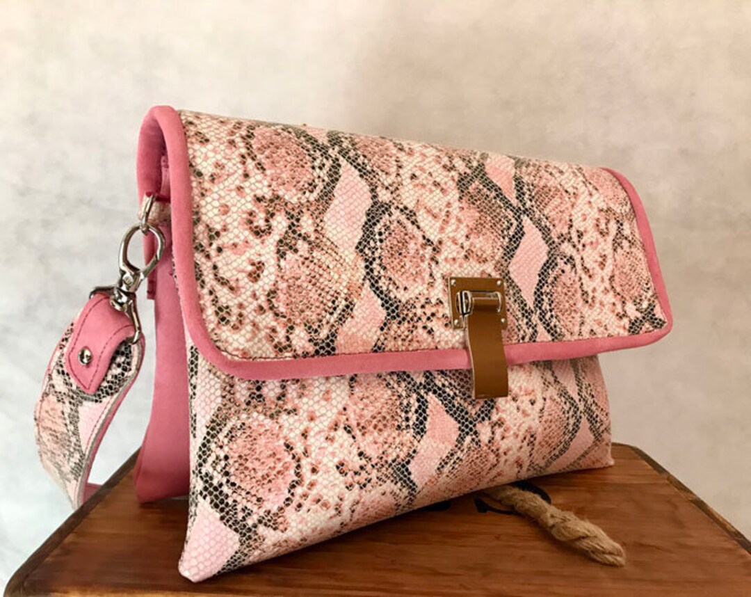 Shoulder Bag in Pink Suede and Snake Print, Pink Bag for Spring Summer ...