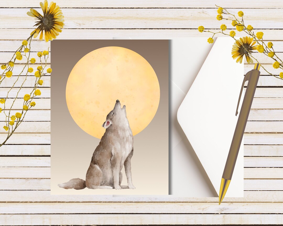 Howling Coyote Moon Greeting Cards, Watercolor Howling Wolf Everyday ...