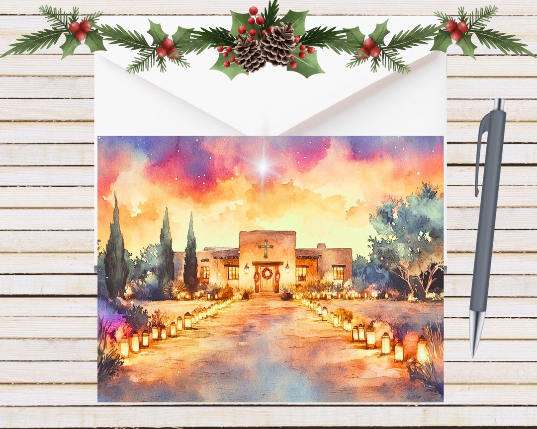 Southwest Christmas Cards, Santa Fe Pueblo House With Luminaria Lights ...