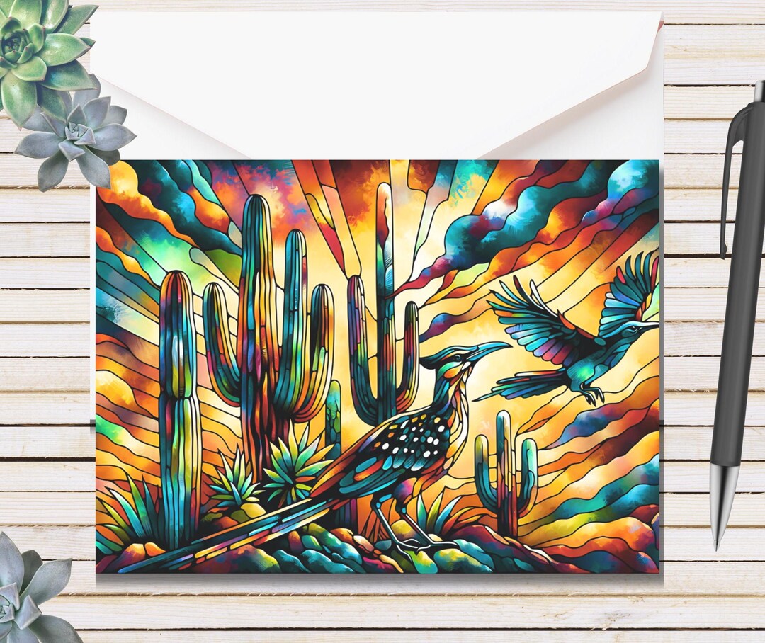 Roadrunner Saguaros Art Deco Stained Glass Style Stationery Set, Blank ...