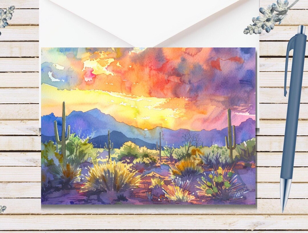 Arizona Desert Sunset Watercolor Landscape Greeting Cards, Invitation ...