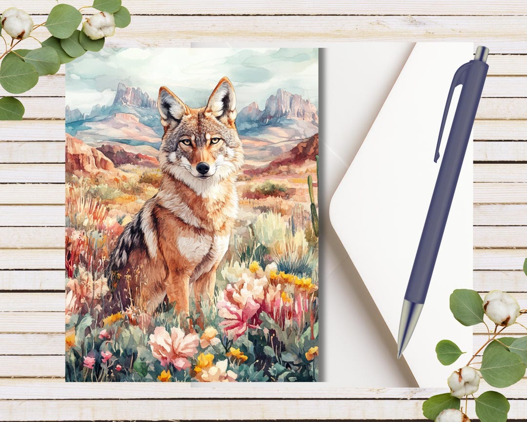 Coyote Watercolor Greeting Cards, Desert Landscape Blank Notecards ...