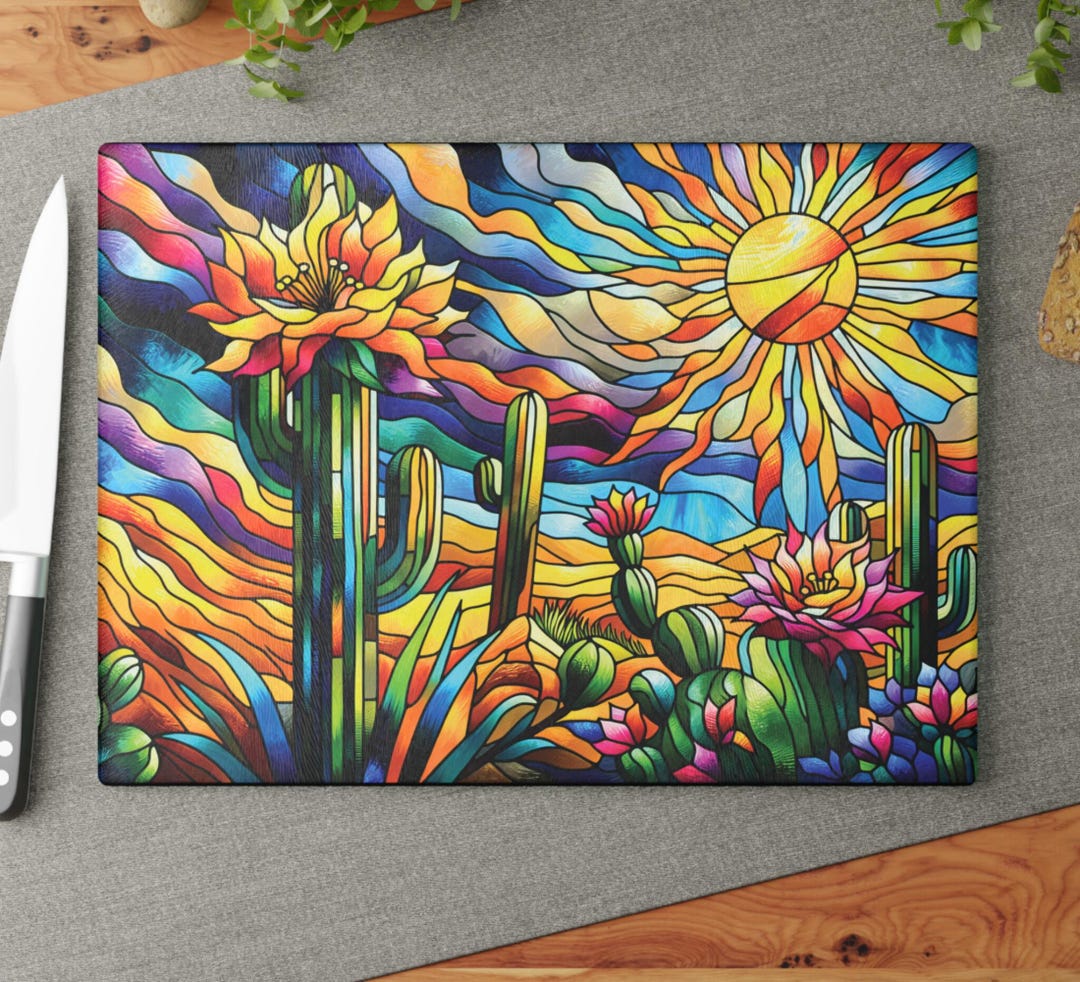 Arizona Desert Sun Mosaic Saguaro Flowers Cactus Stained Glass Design ...
