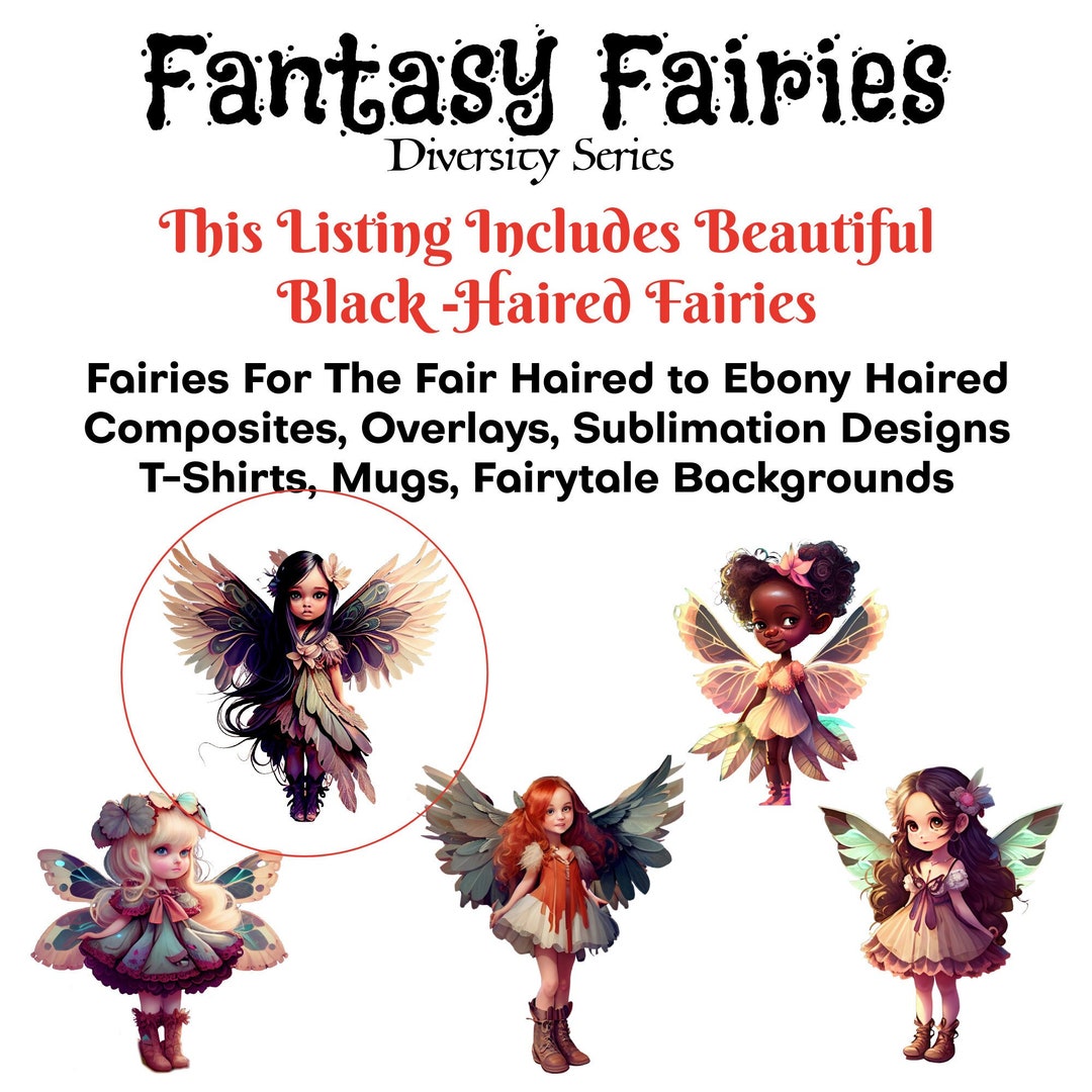20 PNG OVERLAY FAIRIES- Black Hair - Clip Art, Sublimation, Composites ...