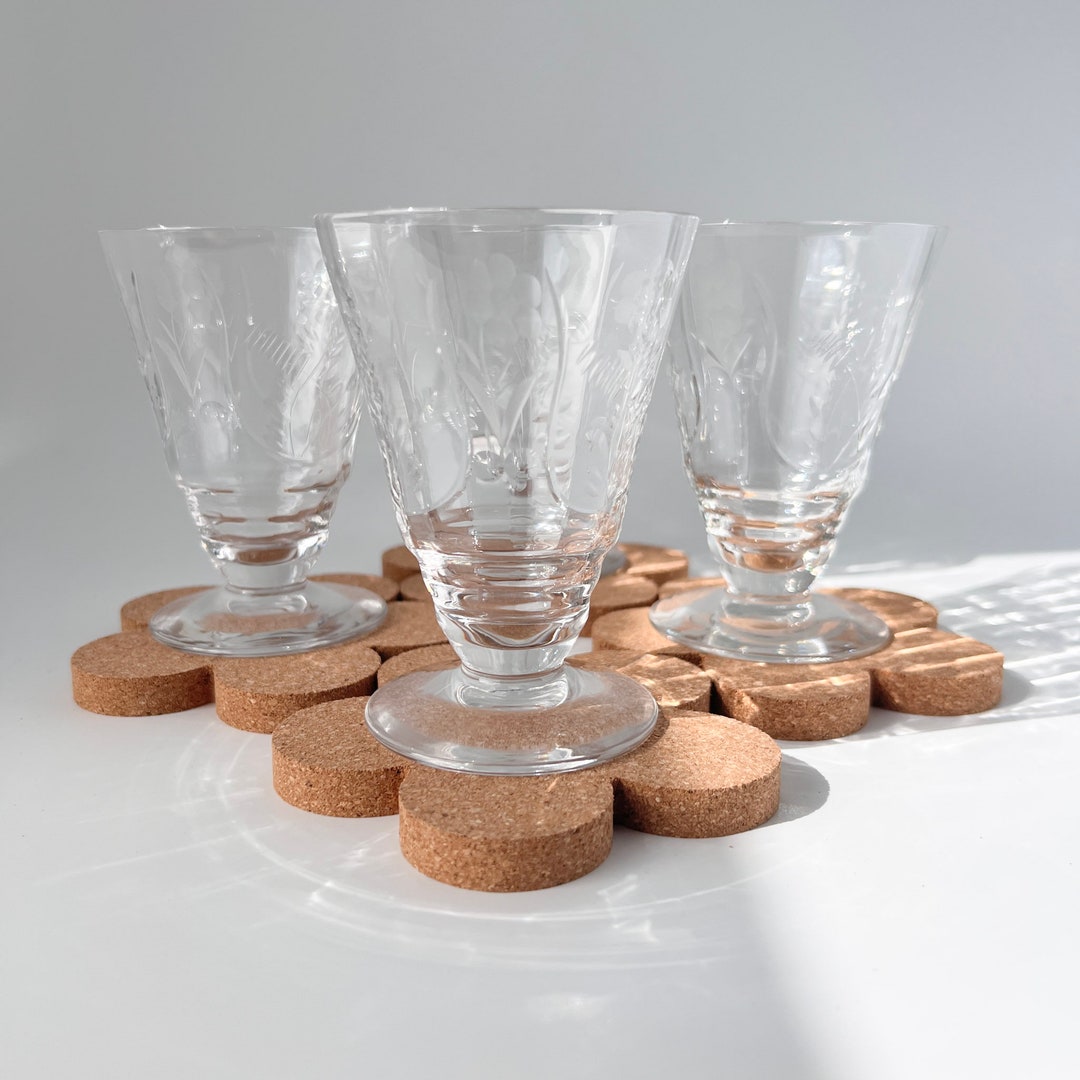 Set of 4 Etched Crystal Juice Glasses. Floral Etched Clear Glass Set ...