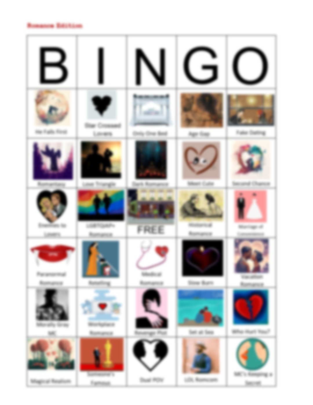 Printable Romance-themed Book Bingo Card - Romance Reader Book Bingo ...