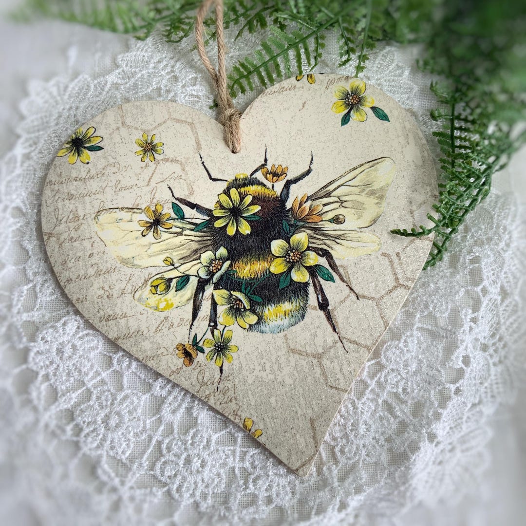 Handmade Bee Decorations, Bee Home Decor, Decoupage Wood Heart Plaque, Summer Home Accessories ...