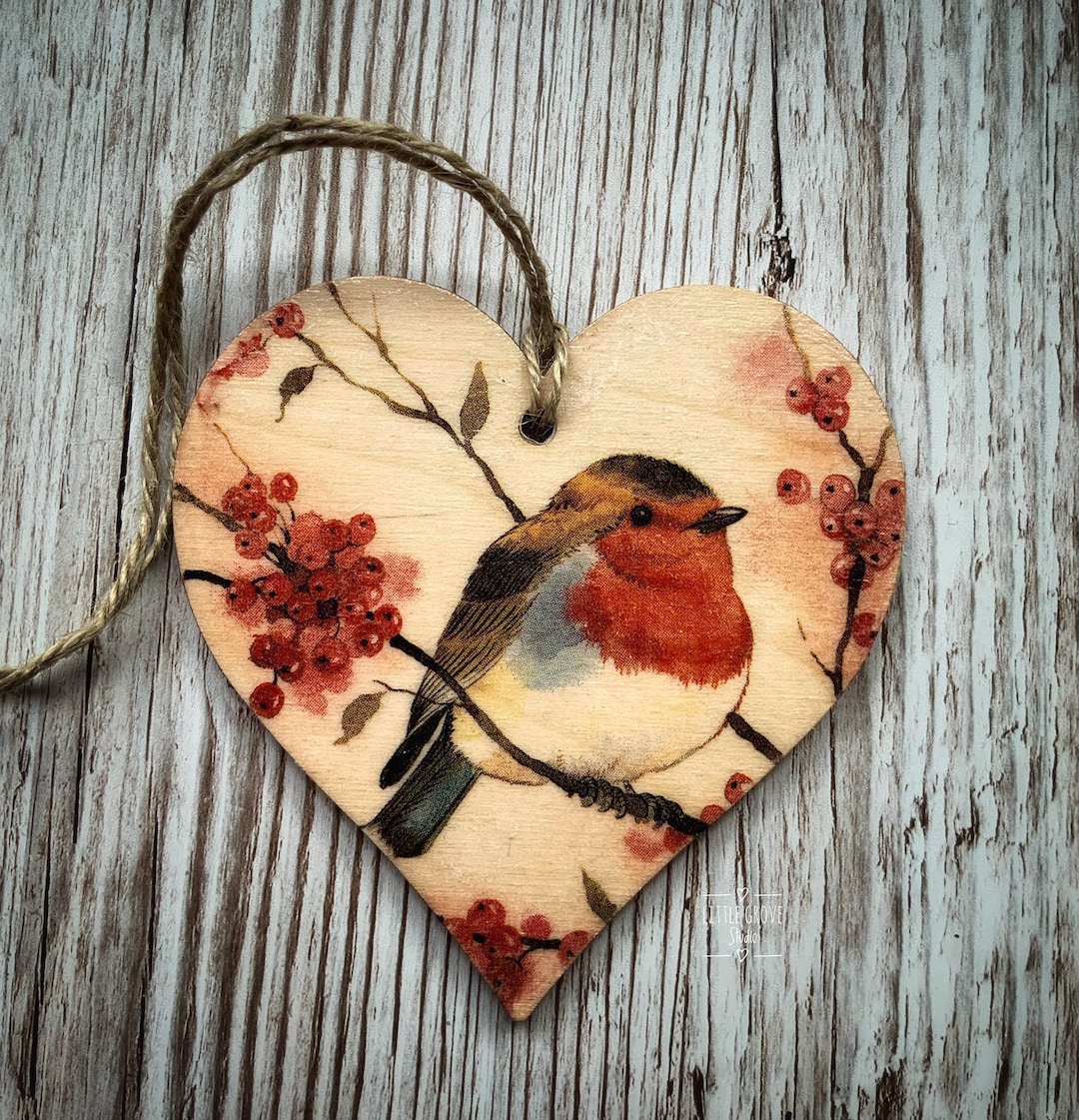 Beautiful Christmas Robin Heart Decoration Decoupaged Wooden - Etsy UK