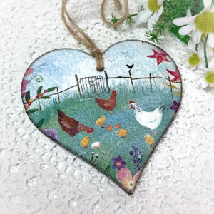 Spring Chickens and Chicks Decoupage Heart Decoration, Handmade Chicken ...