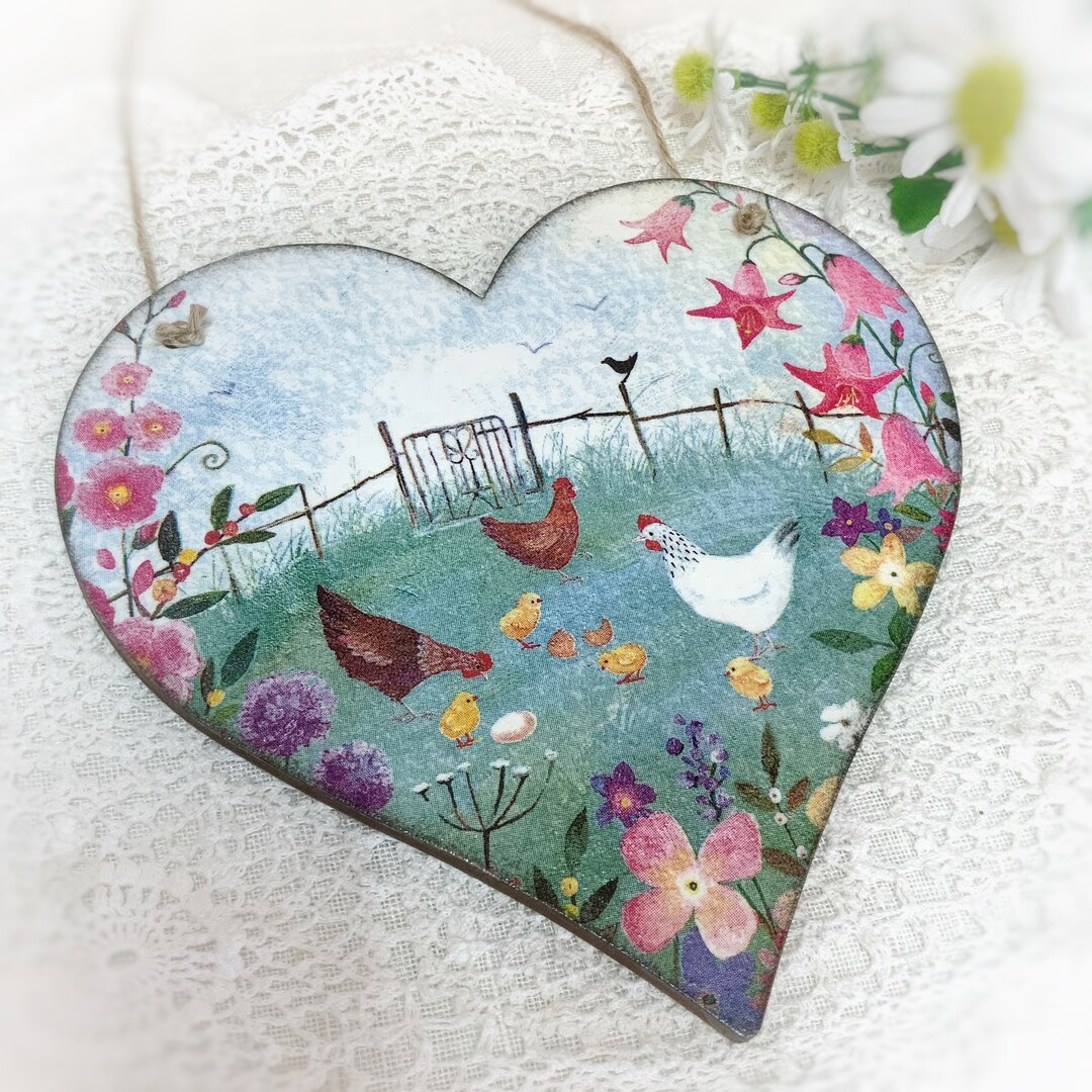 Spring Chickens and Chicks Decoupage Heart Decoration, Handmade Chicken ...