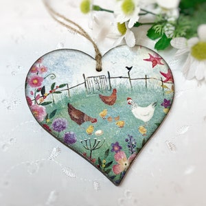 Spring Chickens and Chicks Decoupage Heart Decoration, Handmade Chicken ...