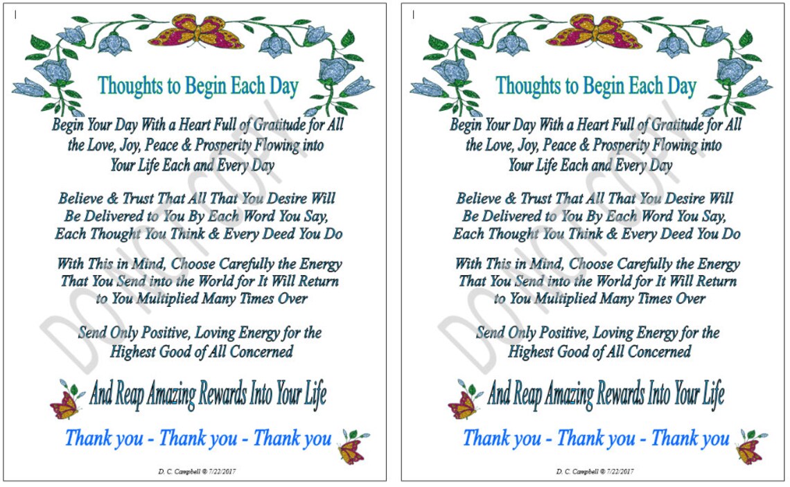 Thoughts to Begin Each Day Poem by Dot Campbell Set of 2, 7 X 5 ...