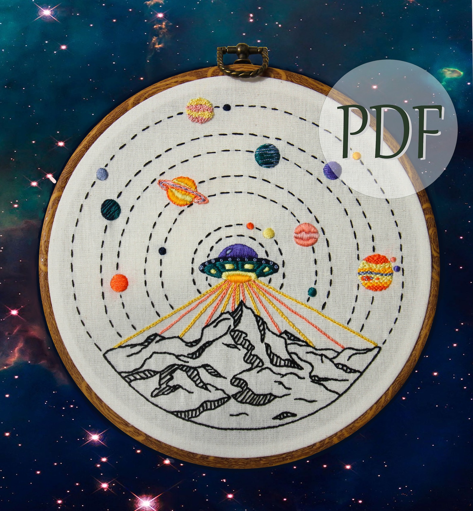 UFO Solar System Embroidery Pattern Mountains Digital Guide - Etsy