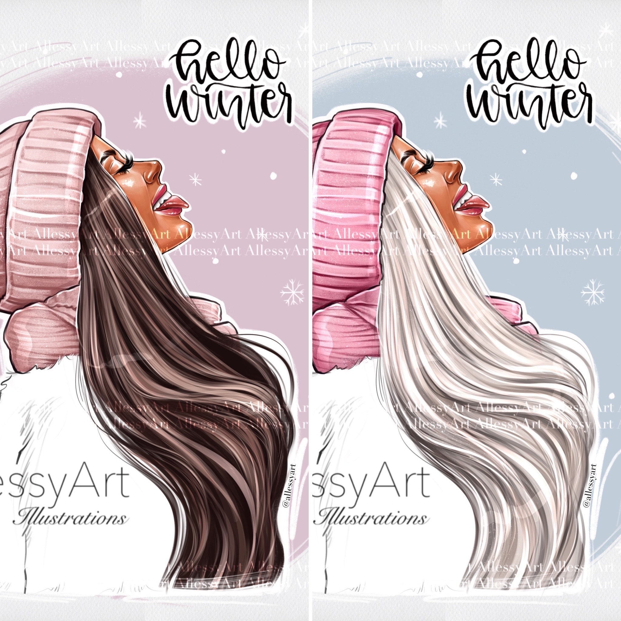 Digital Instant Download Hello Winter Illustration , Brunette/ Blonde ...
