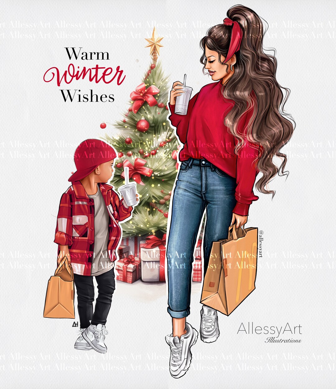 Instant Download Christmas Printable Art, Mother and Son Clipart, Boy ...