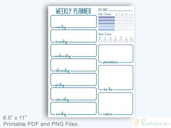Simple Blue Weekly Planner Habit Tracker Mood Tracker - Etsy