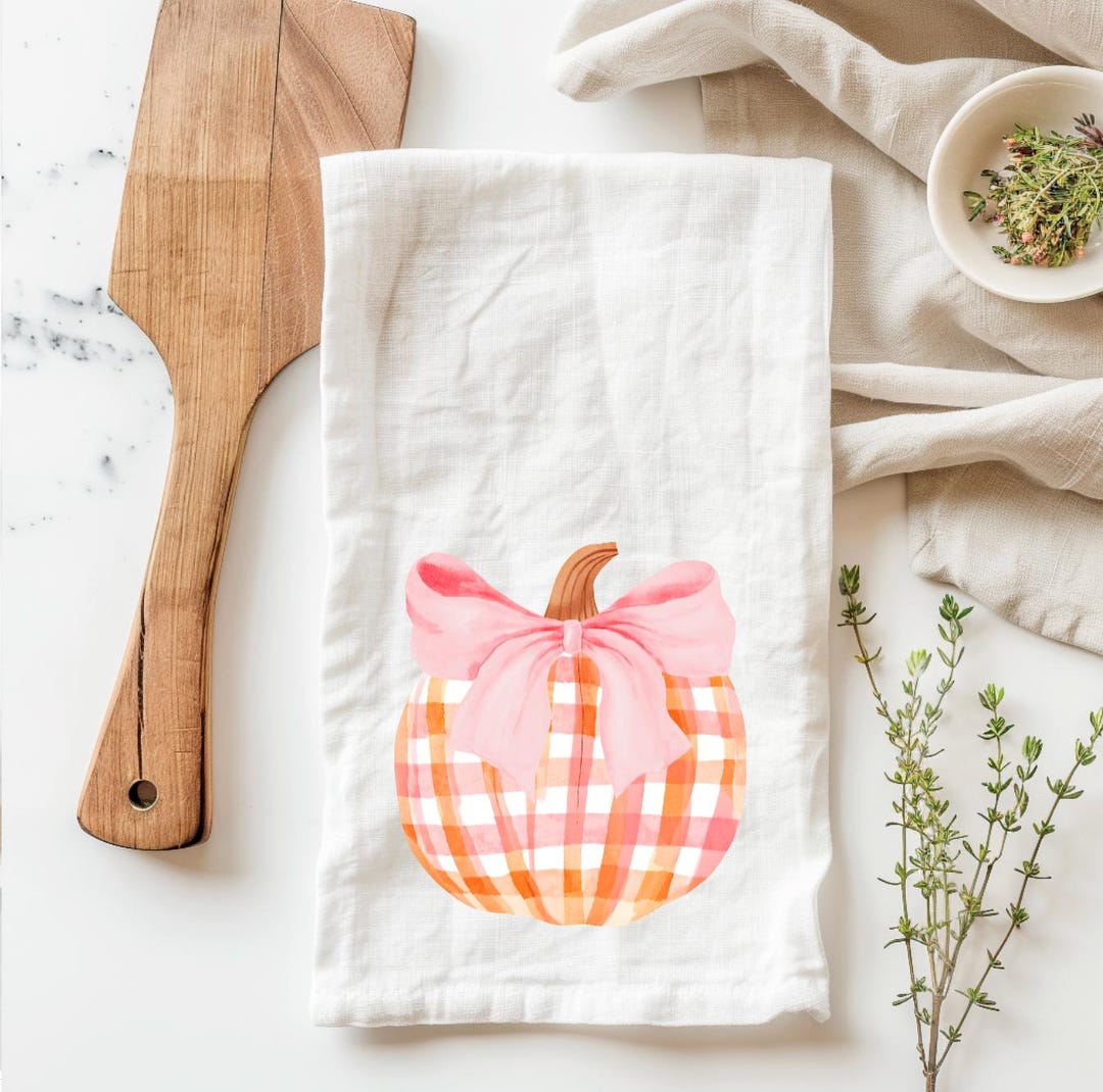 Pink Pumpkin Kitchen Towel, Preppy Pink Pumpkin Towel, Pink Bow Pumpkin ...