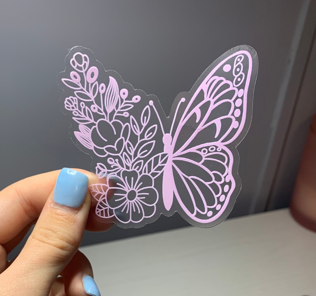Clear Pink Butterfly Sticker, Butterfly Floral Sticker, Laptop Stickers ...