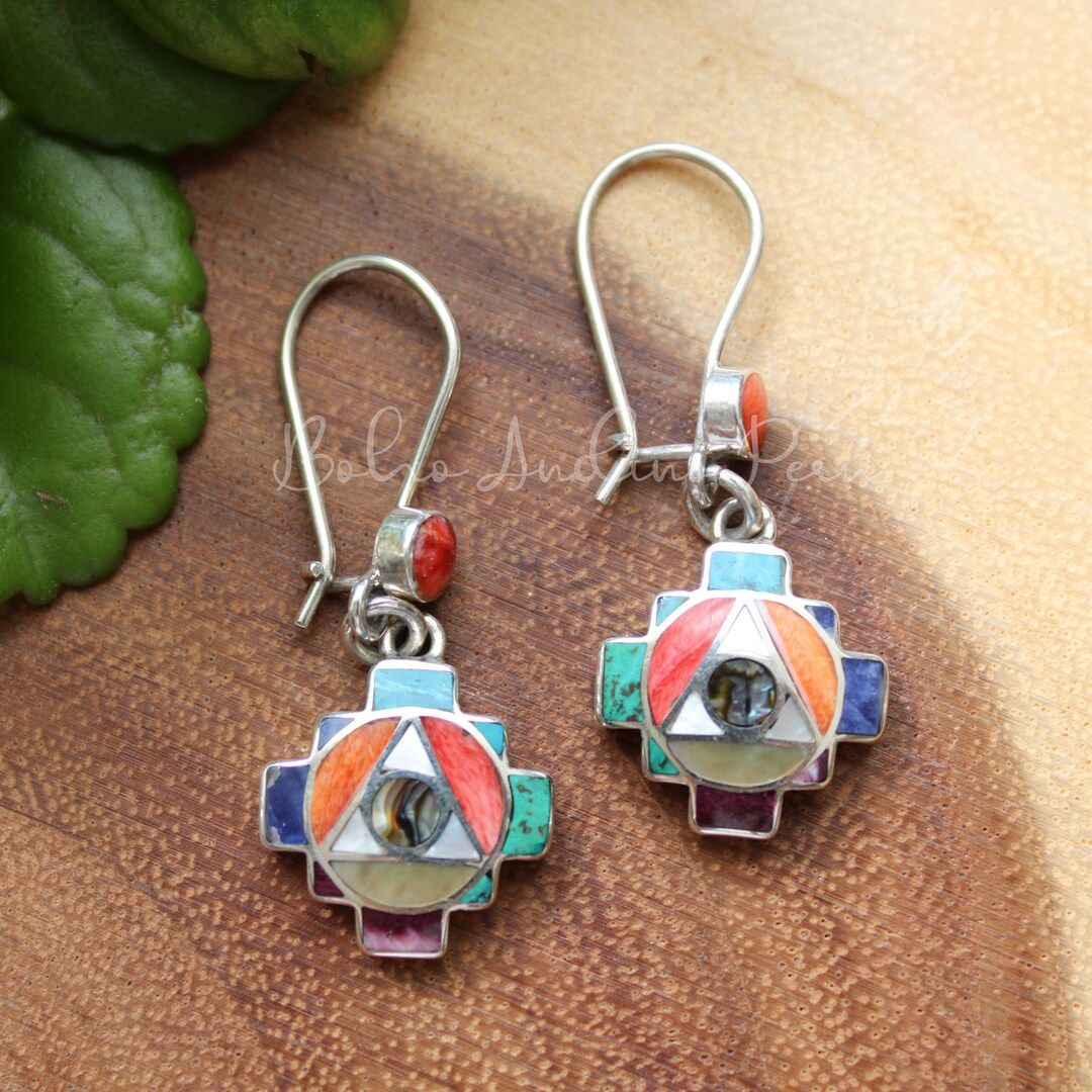 Silver Chakana Inca Cross Earrings From Peru Dangle Earrings Peruvian ...