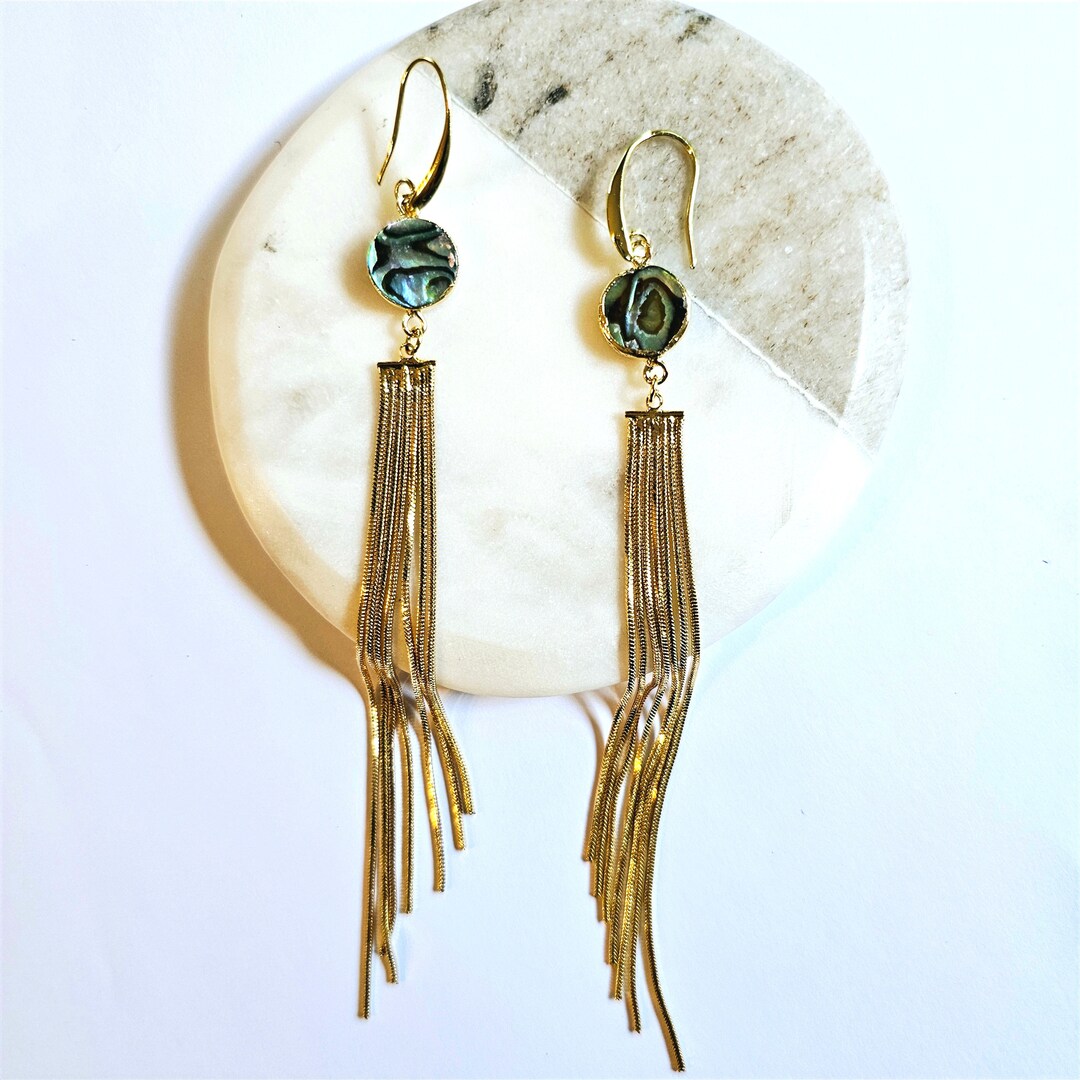 Abalone Linear Tassel Fringe Fish Wire Earring - Etsy