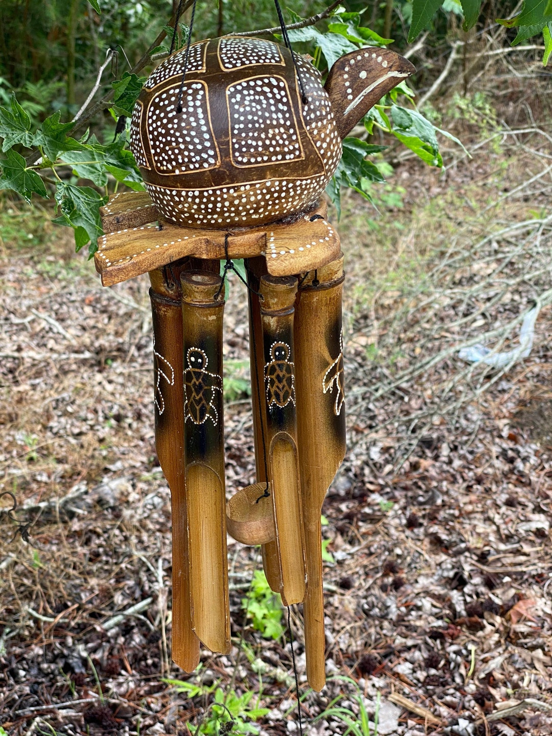 Turtle Wind Chime Hand Made Artist Painted Coconut Bamboo - Etsy