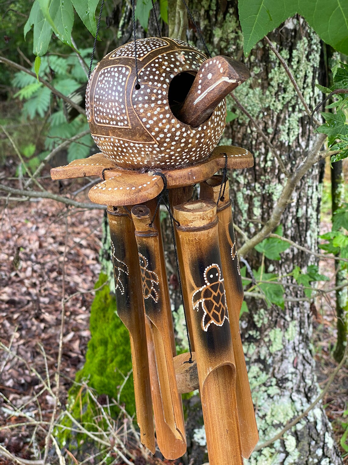Turtle Wind Chime Hand Made Artist Painted Coconut Bamboo - Etsy