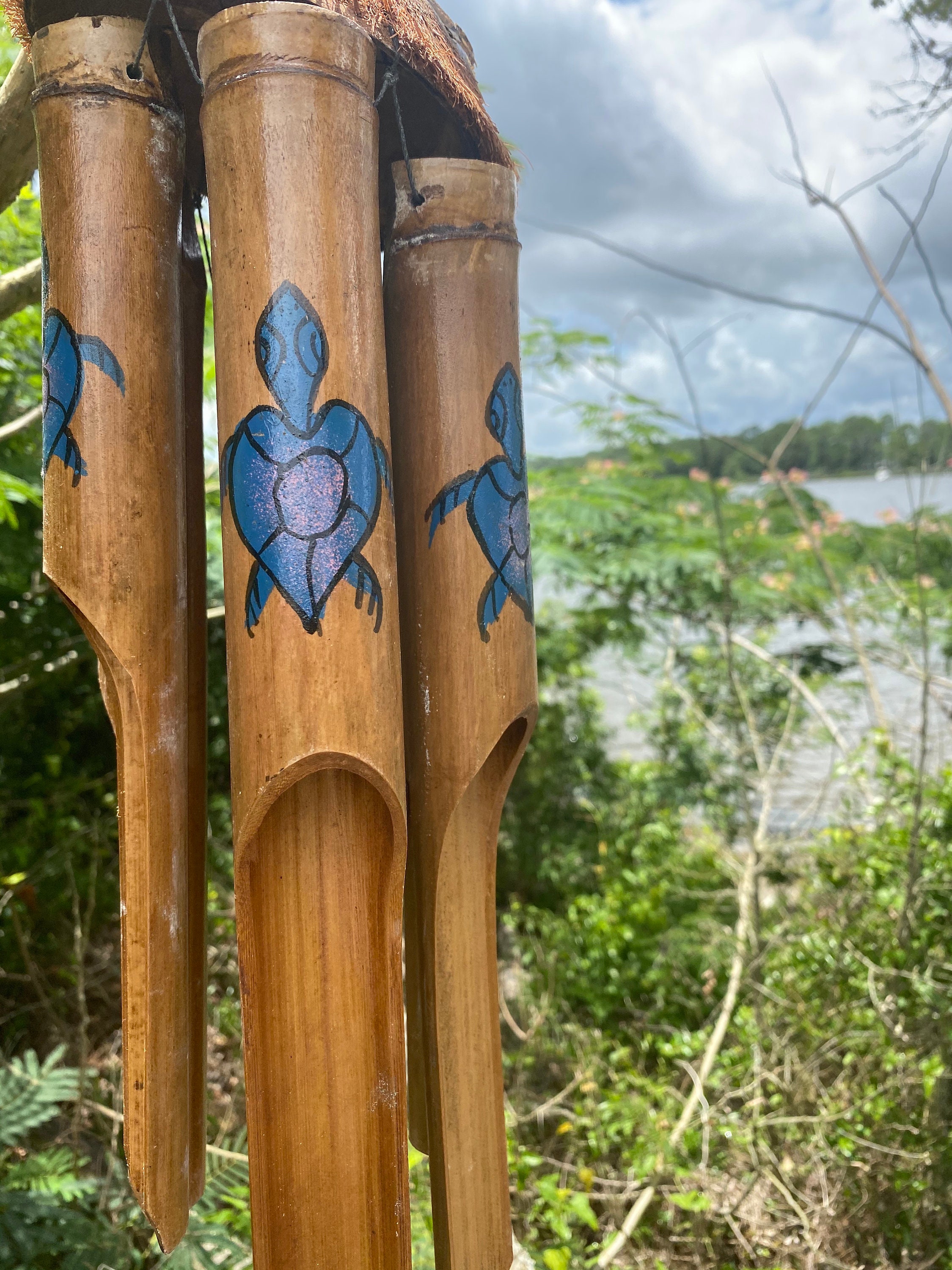Sea Turtle Wind Chime Hand Made Hand Painted Blue Bamboo/coconut - Etsy