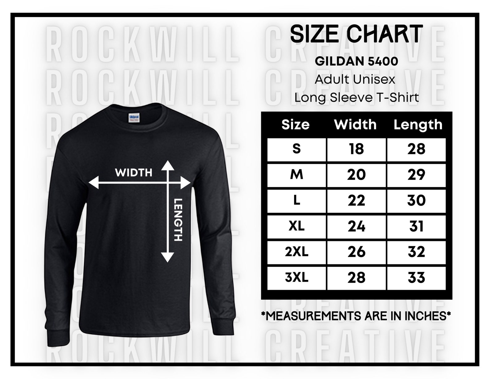 GILDAN 5400 Size Chart Guide Long Sleeve T Shirt Size Chart G540 - Etsy
