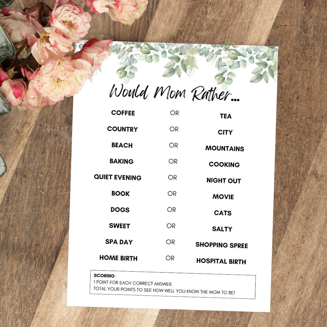 Printable Would Mom Rather Baby Trivia Game | Baby Shower Trivia, Would ...