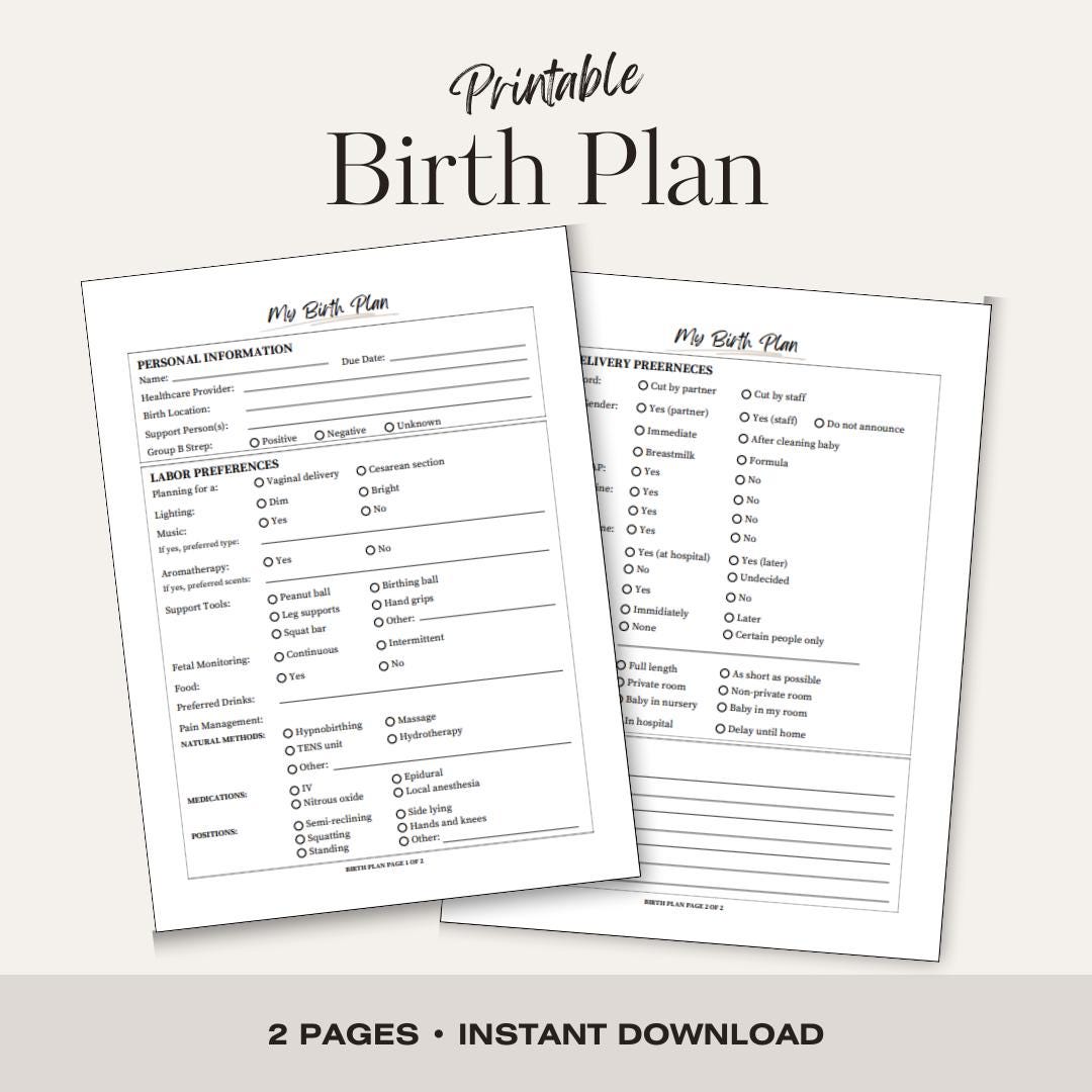 Birth Plan Template Printable | Birth Plan Checklist Birth Preferences ...