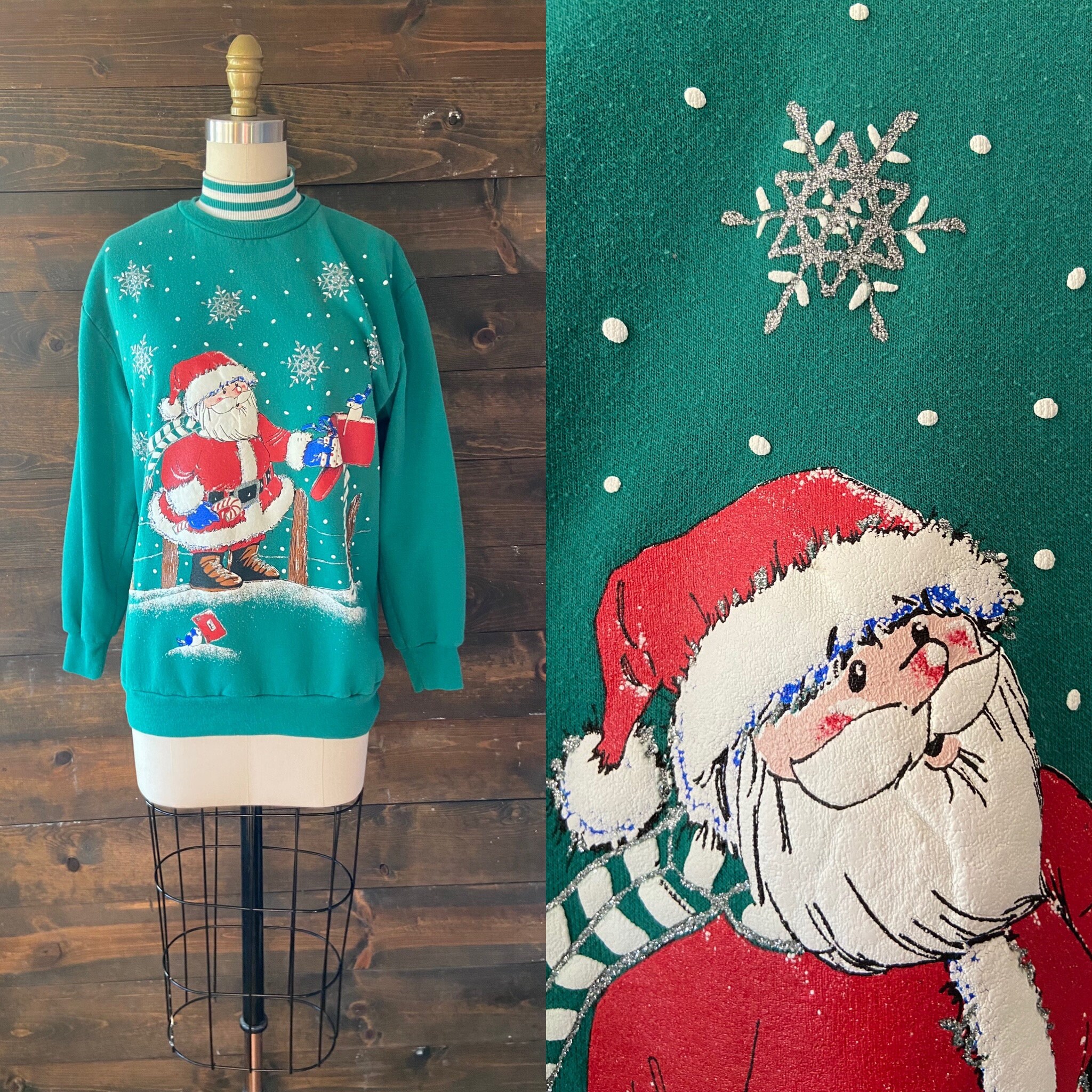 80s Santa Glitter Turtleneck / Green Xmas Pullover / Ugly - Etsy