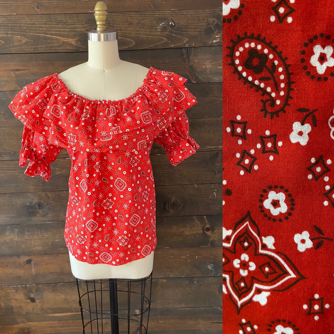 Vintage 80’s Bandanna Print Top / Red off the Shoulder Western Shirt ...