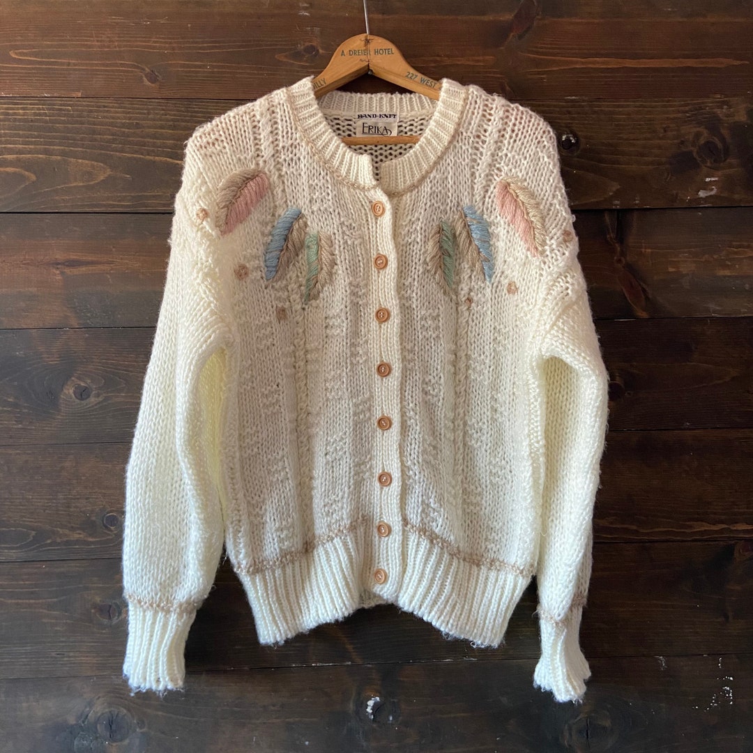 Vintage 80s Cozy Cottagecore Cardigan / Knit Leaf Design / Wooden ...