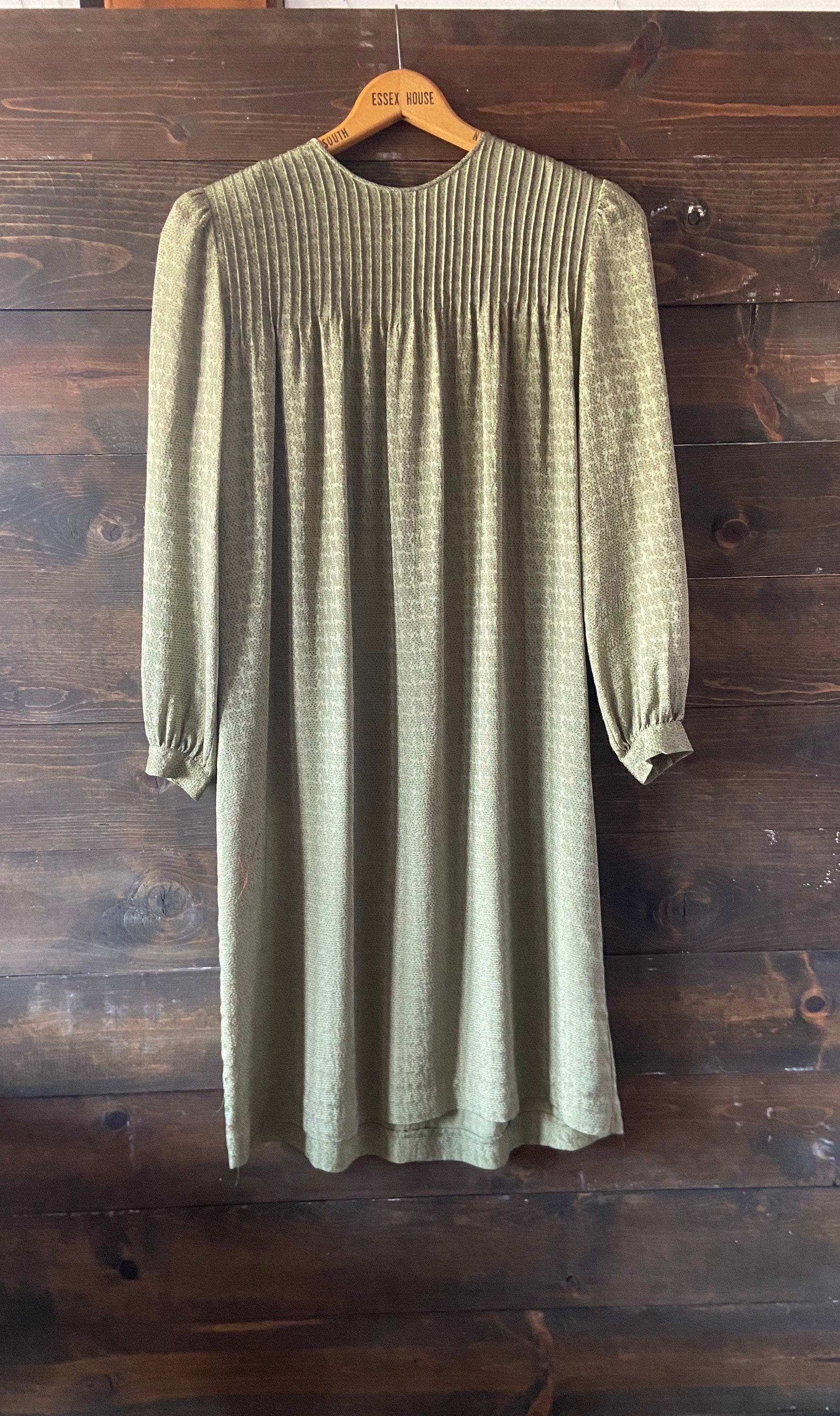 Vintage 80’s Silk Peasant Dress / Long Sleeve Shift Dress / Olive Green ...