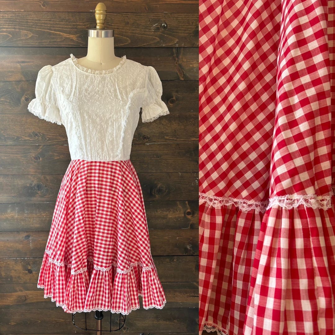 Vintage 70s Red Gingham Dress / Western Square Dance Dress / White ...