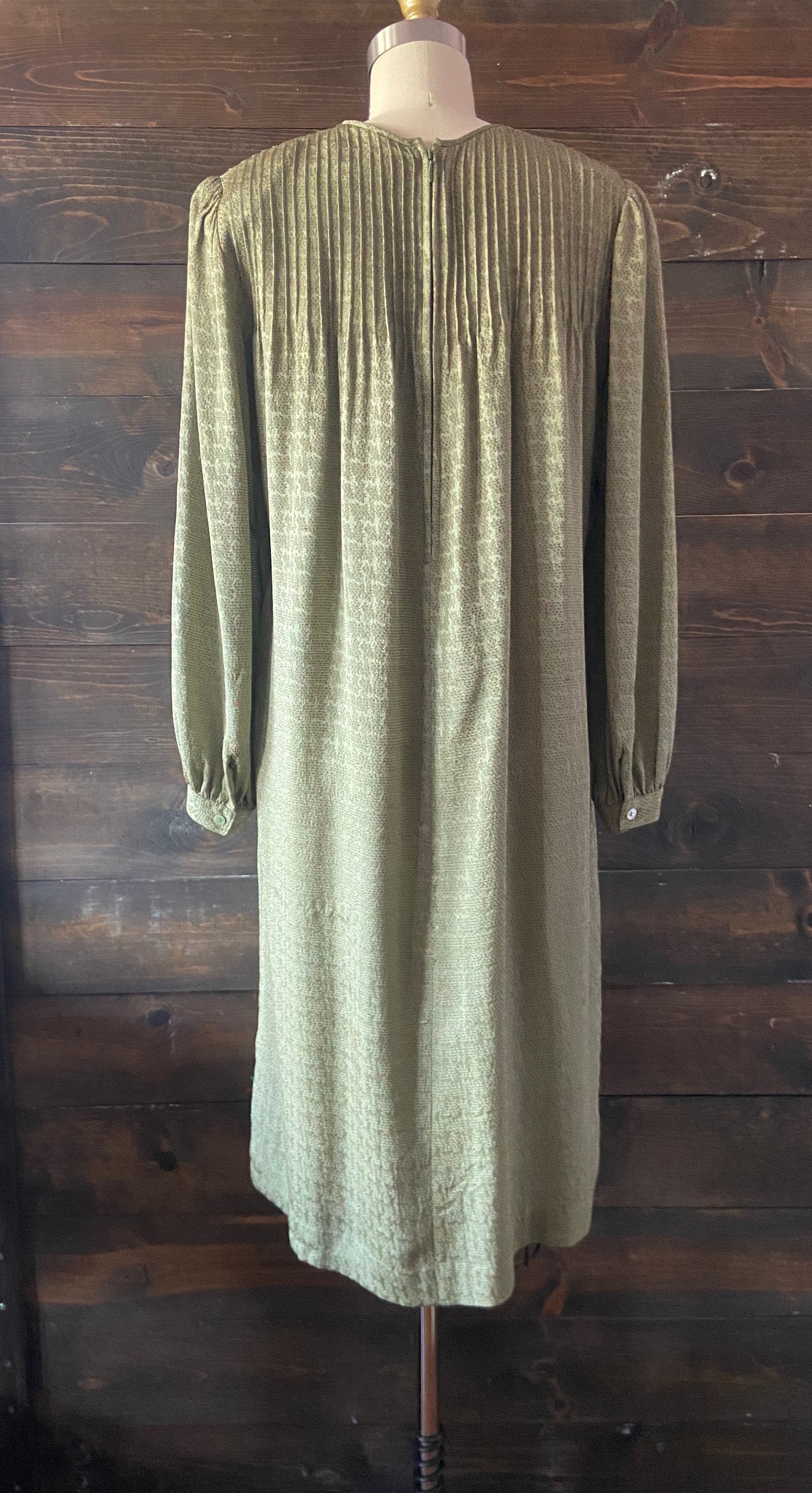 Vintage 80’s Silk Peasant Dress / Long Sleeve Shift Dress / Olive Green ...