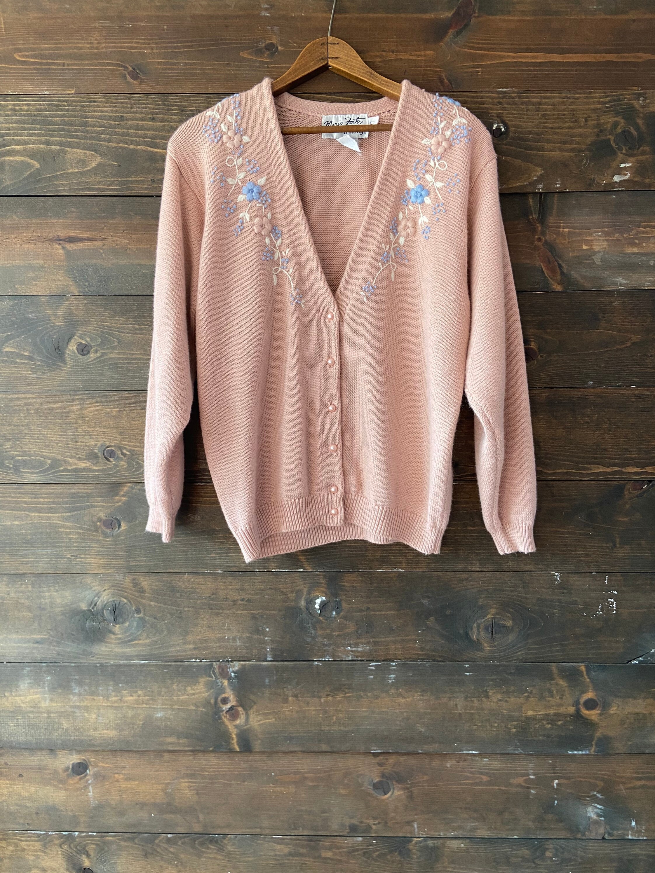 Vintage 80’s Cottagecore Cardigan / Floral Embroidered Sweater / Mauve ...