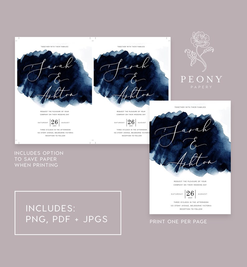 Navy Wedding Invitation Set INSTANT DOWNLOAD Modern Watercolour Invite ...