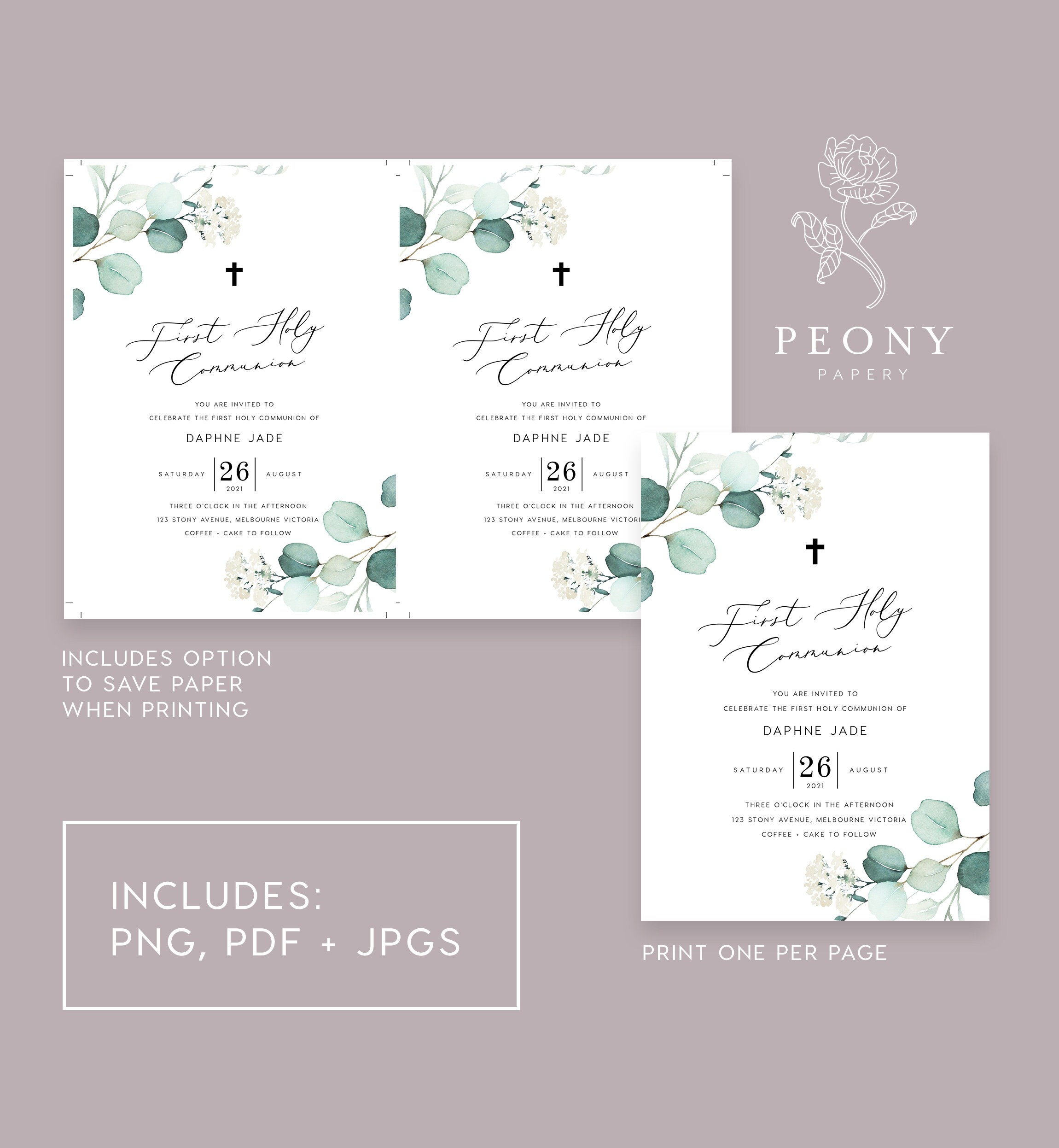 Eucalyptus First Holy Communion Invitation INSTANT DOWNLOAD - Etsy
