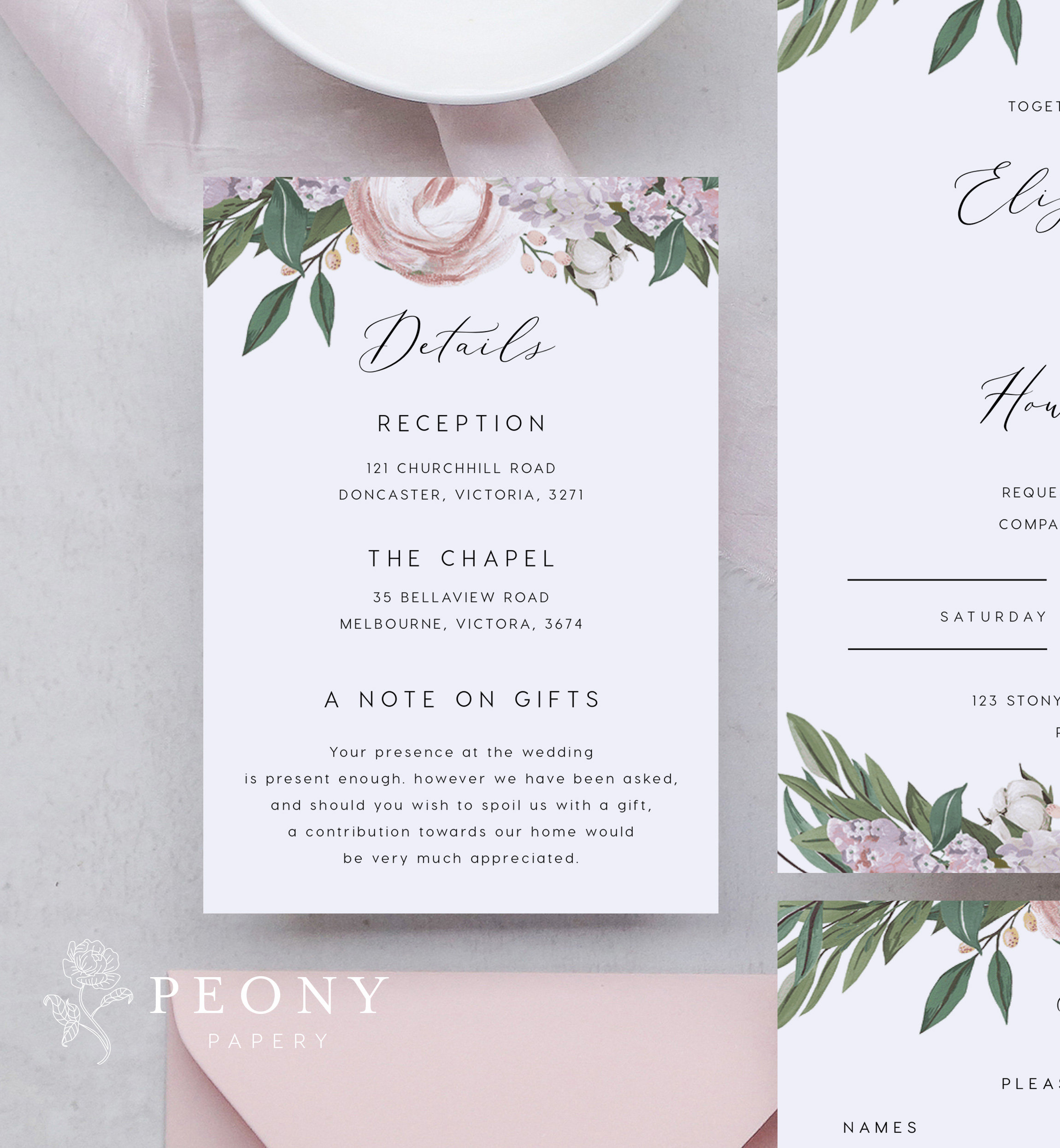 Pink Floral Wedding Invitation Set INSTANT DOWNLOAD Peonies | Etsy