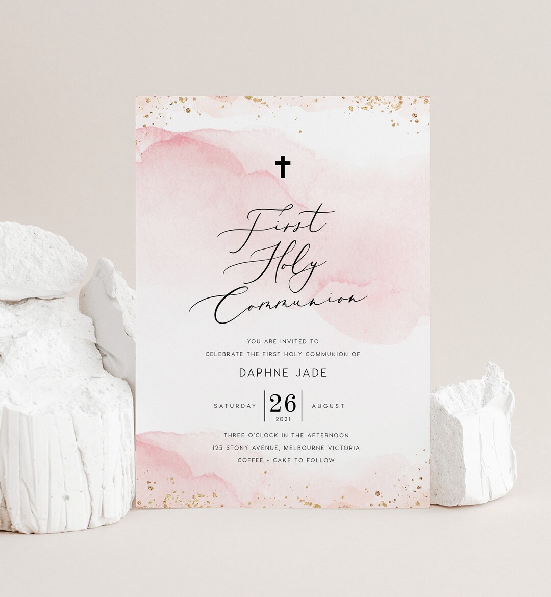 Pink First Holy Communion Invitation INSTANT DOWNLOAD Editable ...