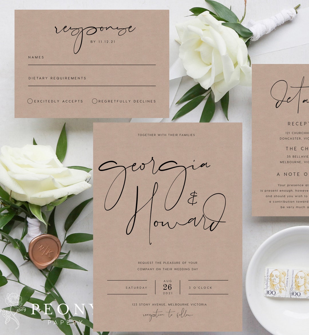 Kraft Brown Wedding Invitation Set INSTANT DOWNLOAD Rustic, Calligraphy ...